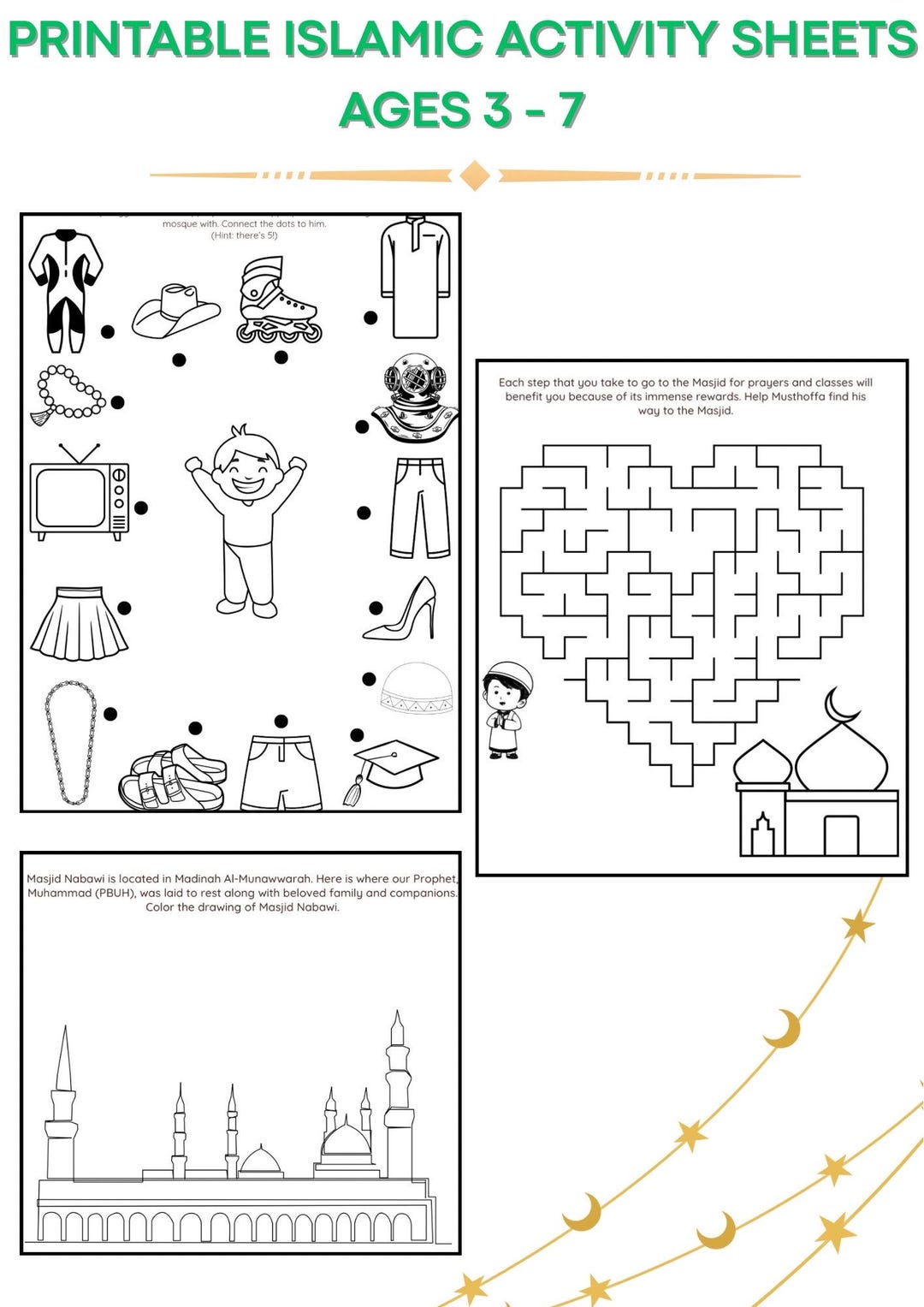 Printable Islamic Activity Worksheets for Muslim Kids, Kaabah, Masjid ...