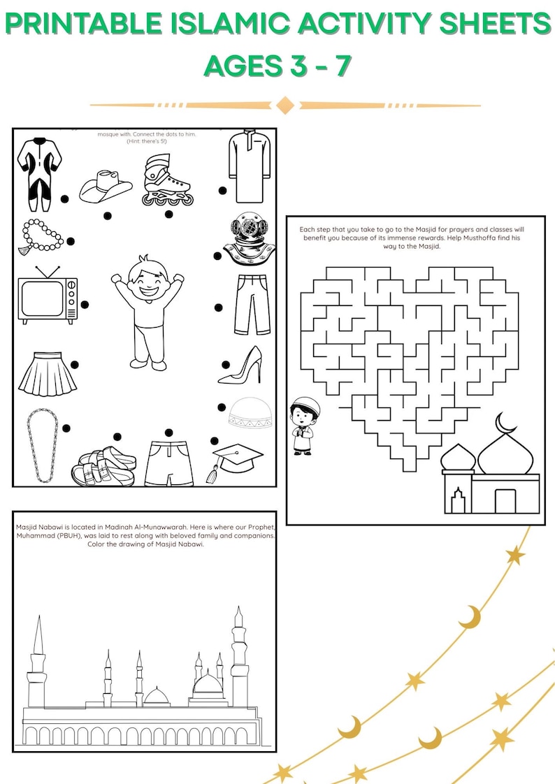 Printable Islamic Activity Worksheets for Muslim Kids, Kaabah, Masjid ...