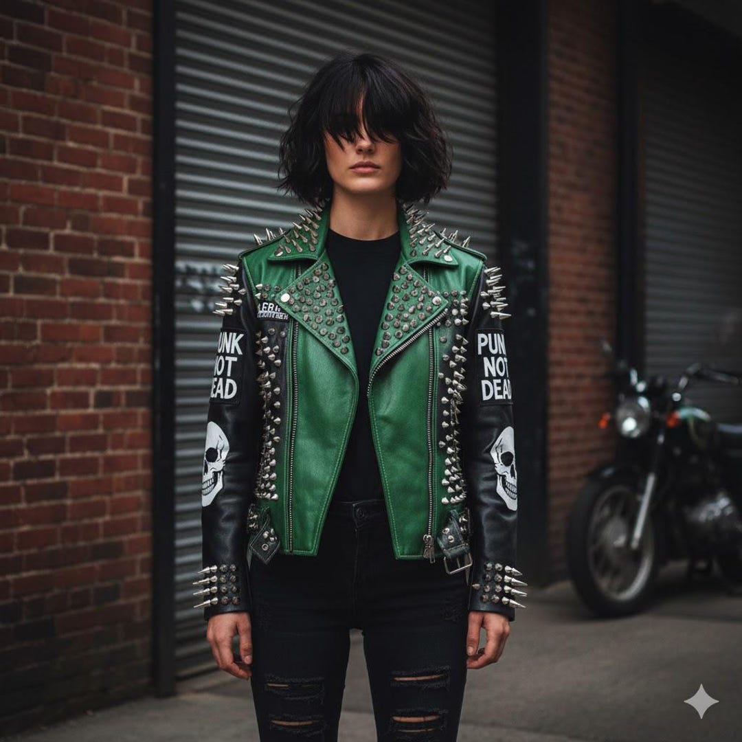 Punk Battle Jacket Men Women Handmade Full Spiked Green Leather Jacket ...