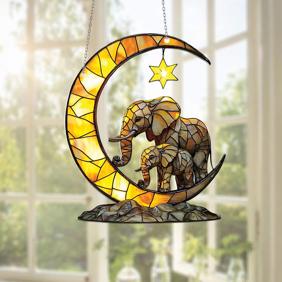 Mama Elephant on Crescent Moon Acrylic Window Hanging, Elephant Window ...