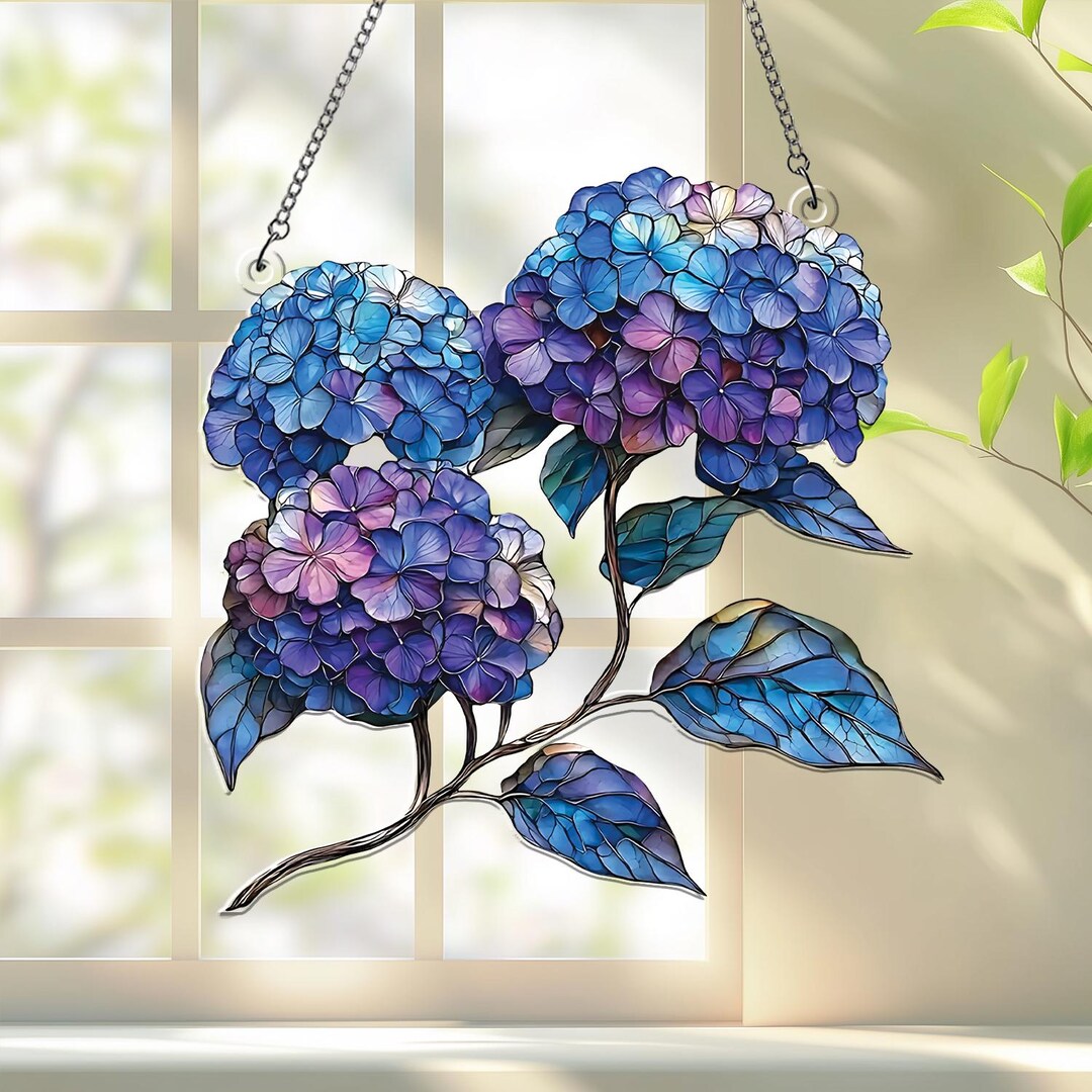 Hydrangeas Bouquet Acrylic Window Hanging, Hydrangea Flowers Lovers ...