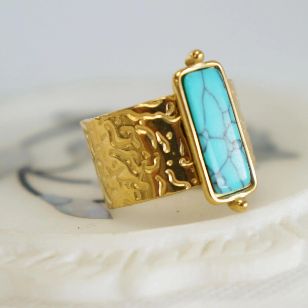 Gold Turquoise Chunky Ring, Large Statement Ring, Unique Turquoise ...
