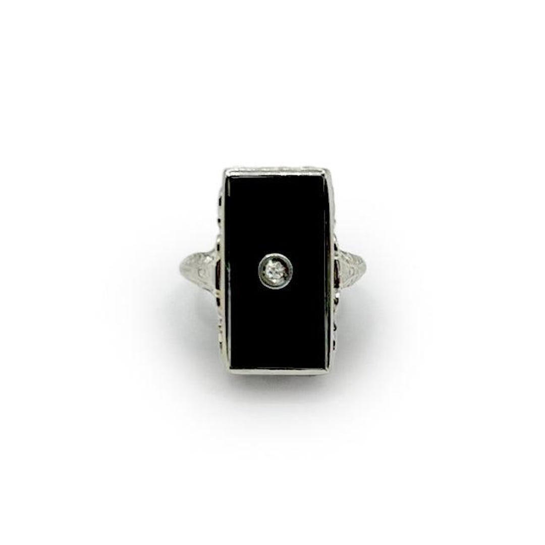 Antique Art Deco Rectangular Onyx + Diamond + 14k White Gold Ring - Sz ...