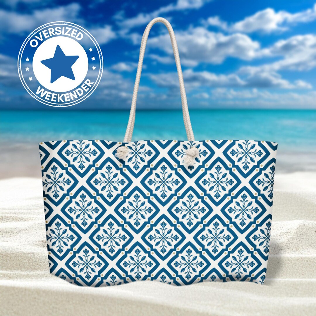 Mediterranean Tile Weekender Bag | Coastal Blue Floral Travel Tote - Etsy