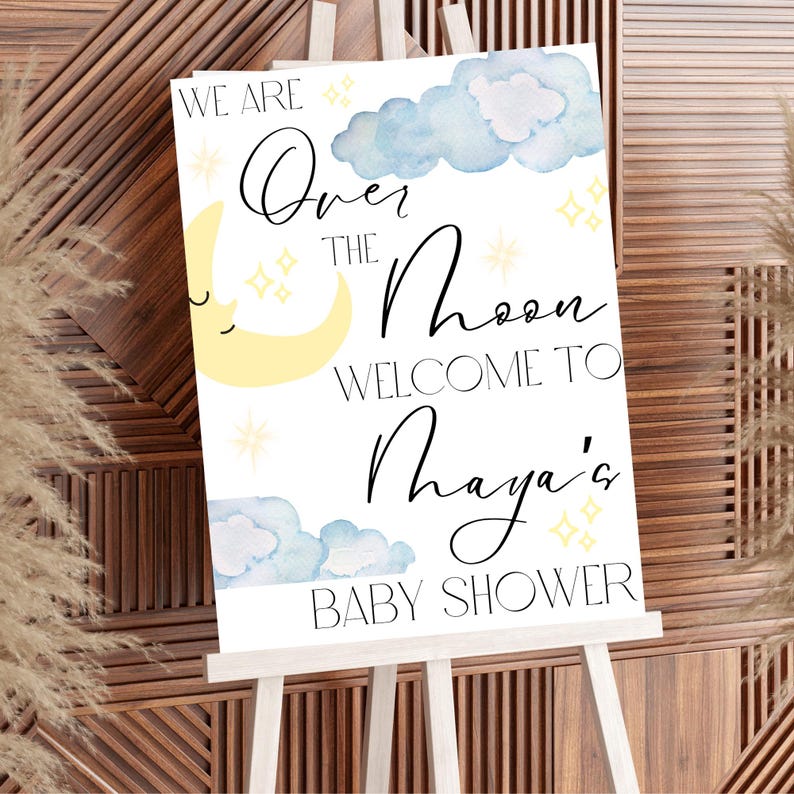 Over the Moon Baby Shower Welcome Sign, Editable Template (digital ...