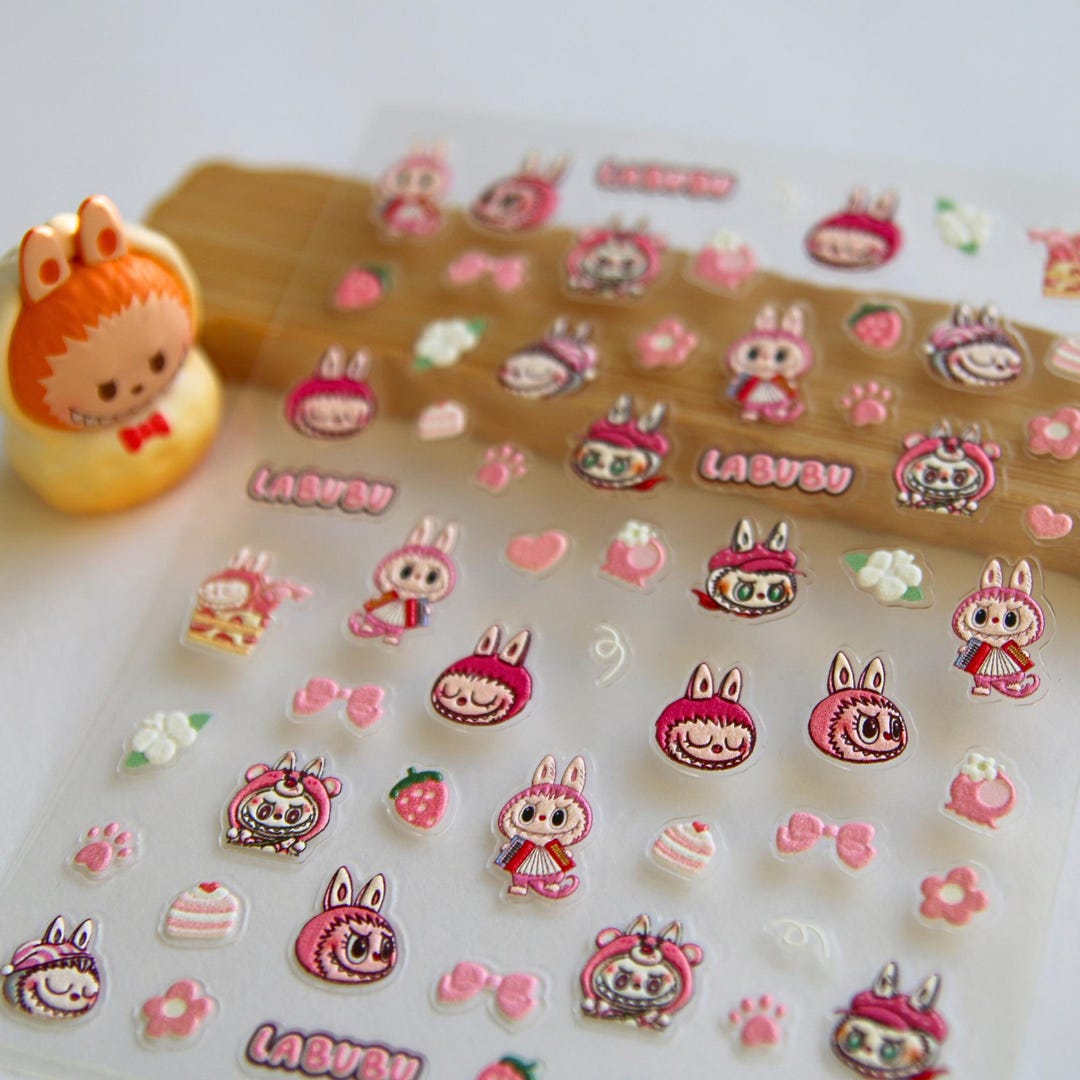 Pink Labu Nails Stickers Cute Characters Nails Korean Nail Designs Labu ...