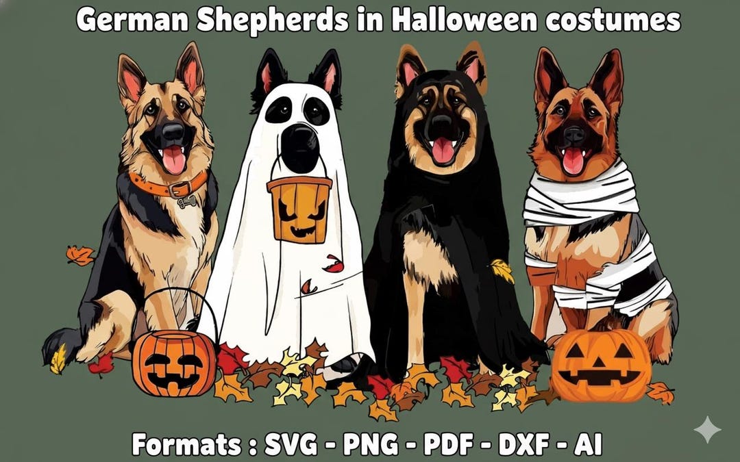German Shepherd Halloween Costume Clipart: Ghost, Vampire, Viking ...