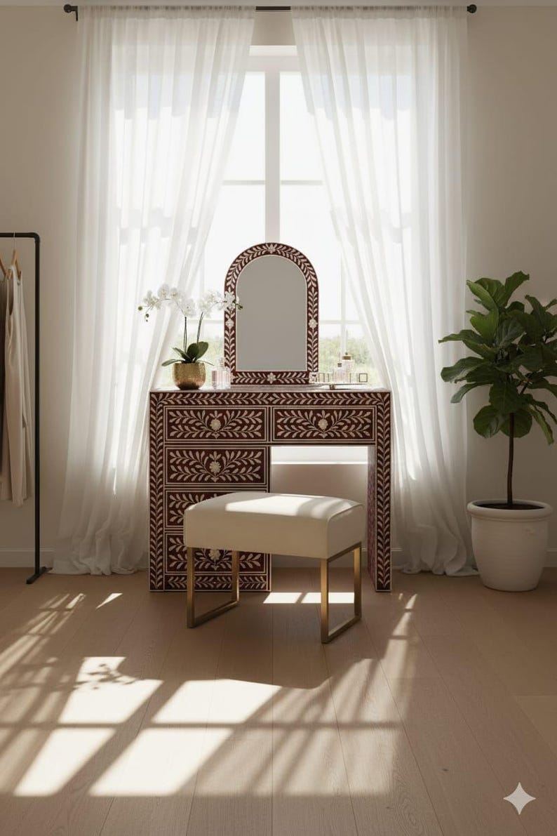 Bone Inlay Console Table and Mirror, Handcrafted Dressing Table With 5 ...