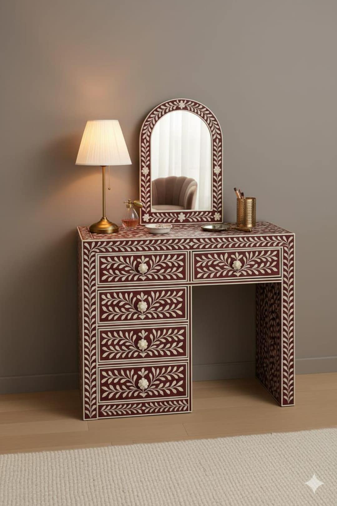 Bone Inlay Console Table and Mirror, Handcrafted Dressing Table With 5 ...