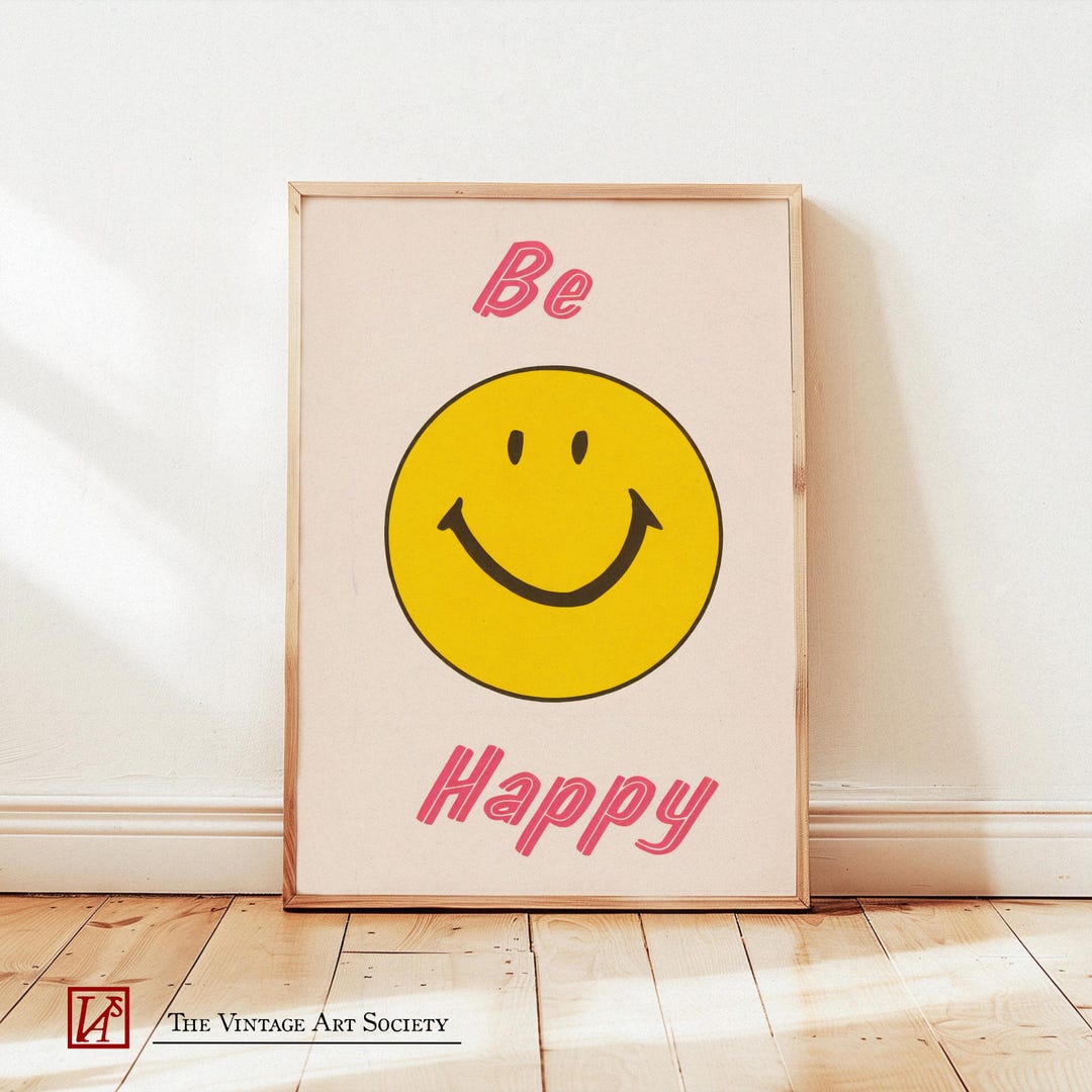Retro Smiley Face Poster, Be Happy, Happy Wall Art, Yellow Wall Decor ...