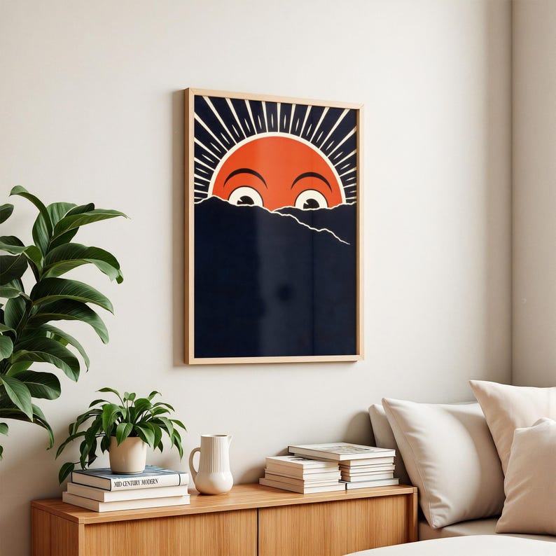 Vintage Sun Printable Poster, Retro Art, Minimalist Sunrise Wall Decor ...