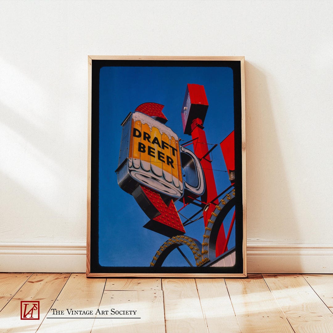 Retro Neon Sign Poster Blue Wall Art Draught Beer Sign Home Decor Gift ...