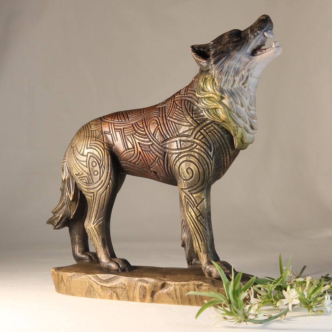 Wolf Statue: Celtic Norse Pagan Decor Carved Wooden Howling - Etsy
