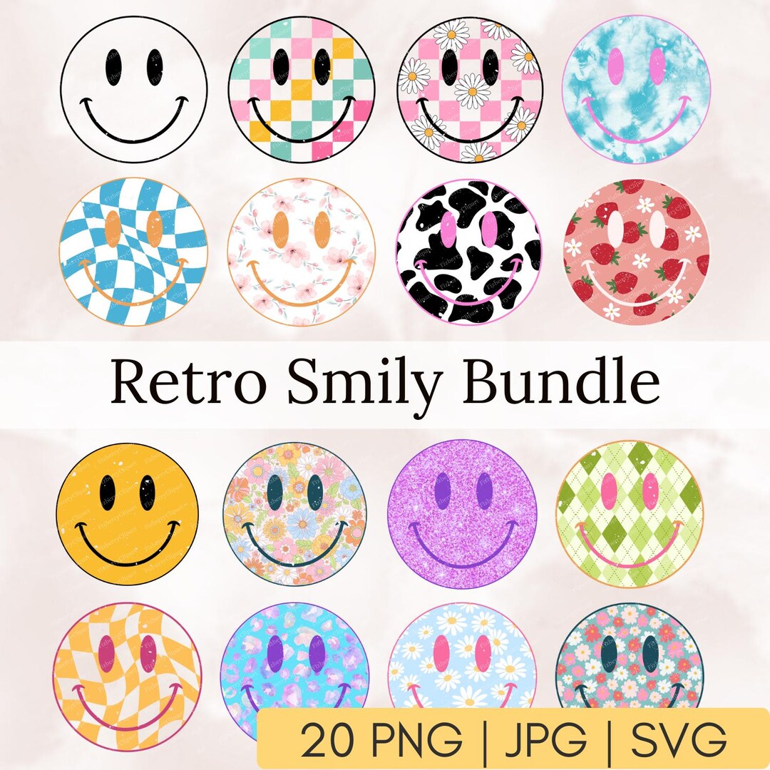 20 Retro Distressed Smily Face PNG & SVG Bundle, Happy Face Art, Smile ...