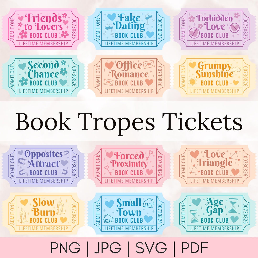 16 Book Tropes Raffle Tickets SVG Bundle, Spicy Book Png, Reading Svg ...