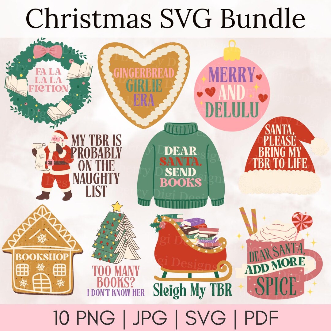 10 Bookish Christmas Clipart SVG Bundle, Bookish Holiday Png, Reading ...