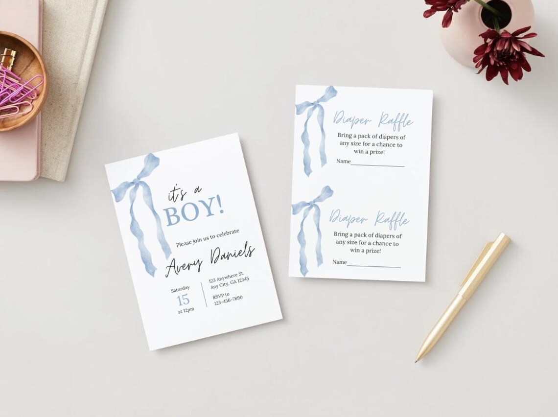 Editable Blue Bow Baby Shower Invitation, Blue Baby Shower Invitation ...