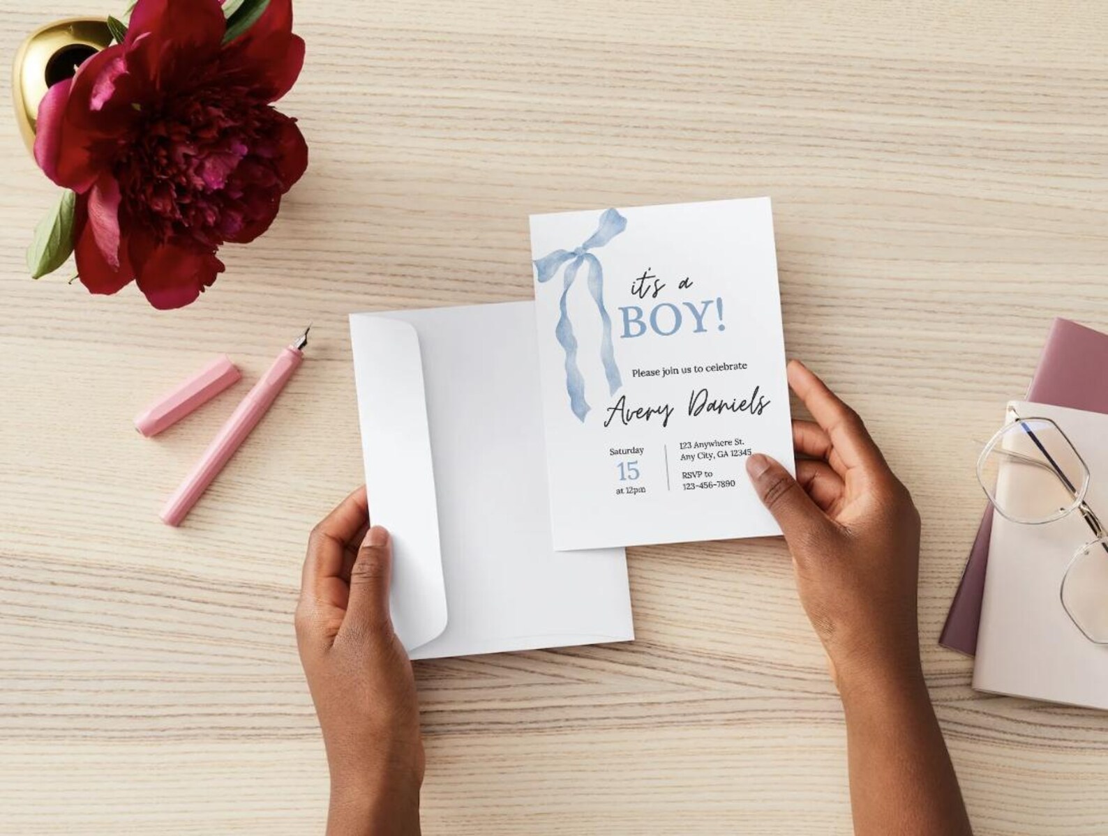 Editable Blue Bow Baby Shower Invitation, Blue Baby Shower Invitation ...