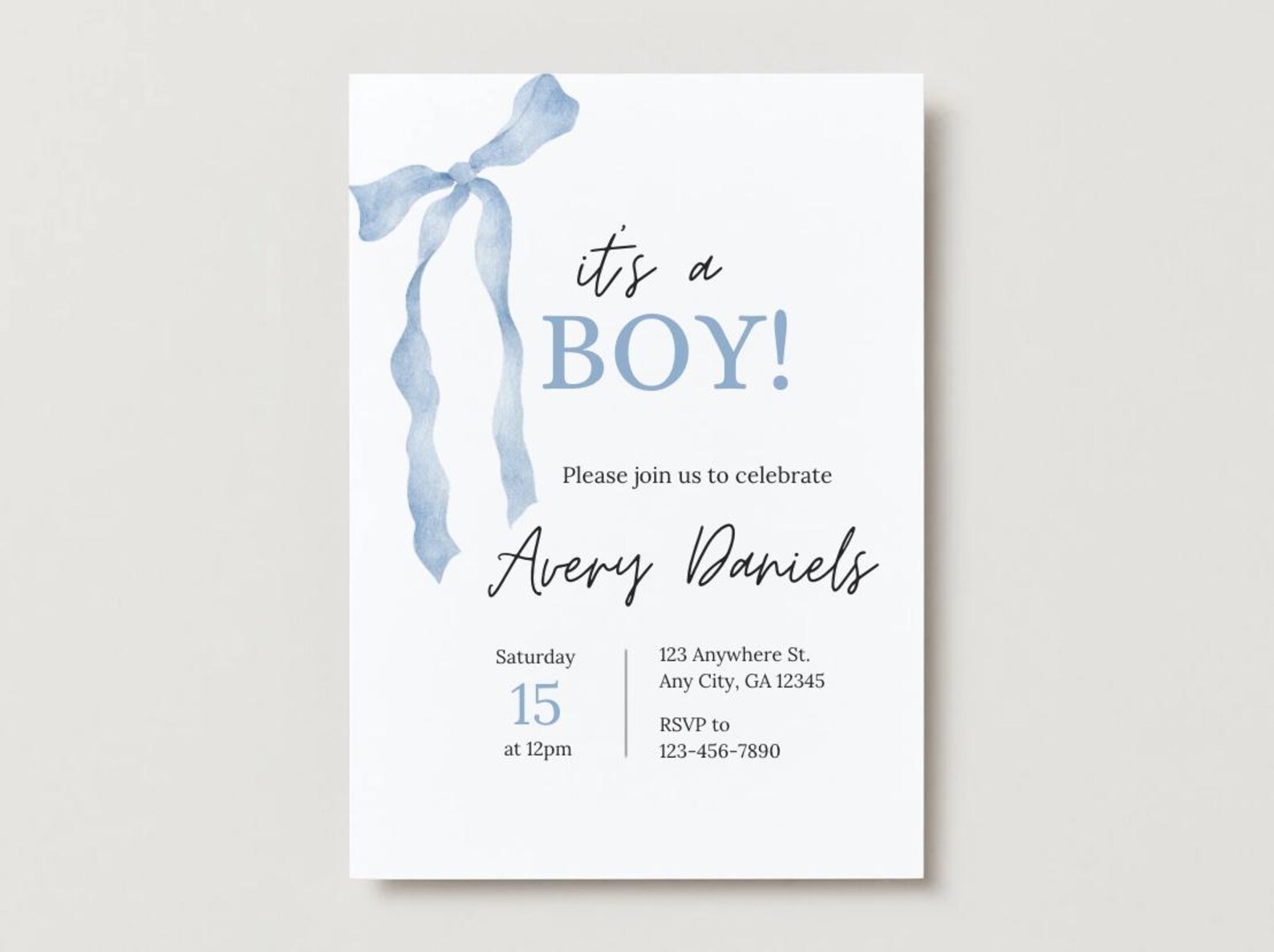Editable Blue Bow Baby Shower Invitation, Blue Baby Shower Invitation ...