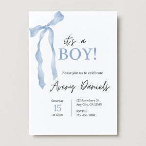 Editable Blue Bow Baby Shower Invitation, Blue Baby Shower Invitation ...