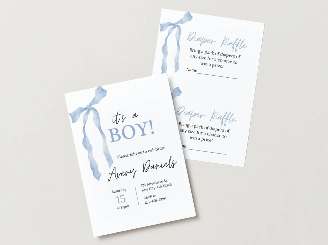 Editable Blue Bow Baby Shower Invitation, Blue Baby Shower Invitation ...