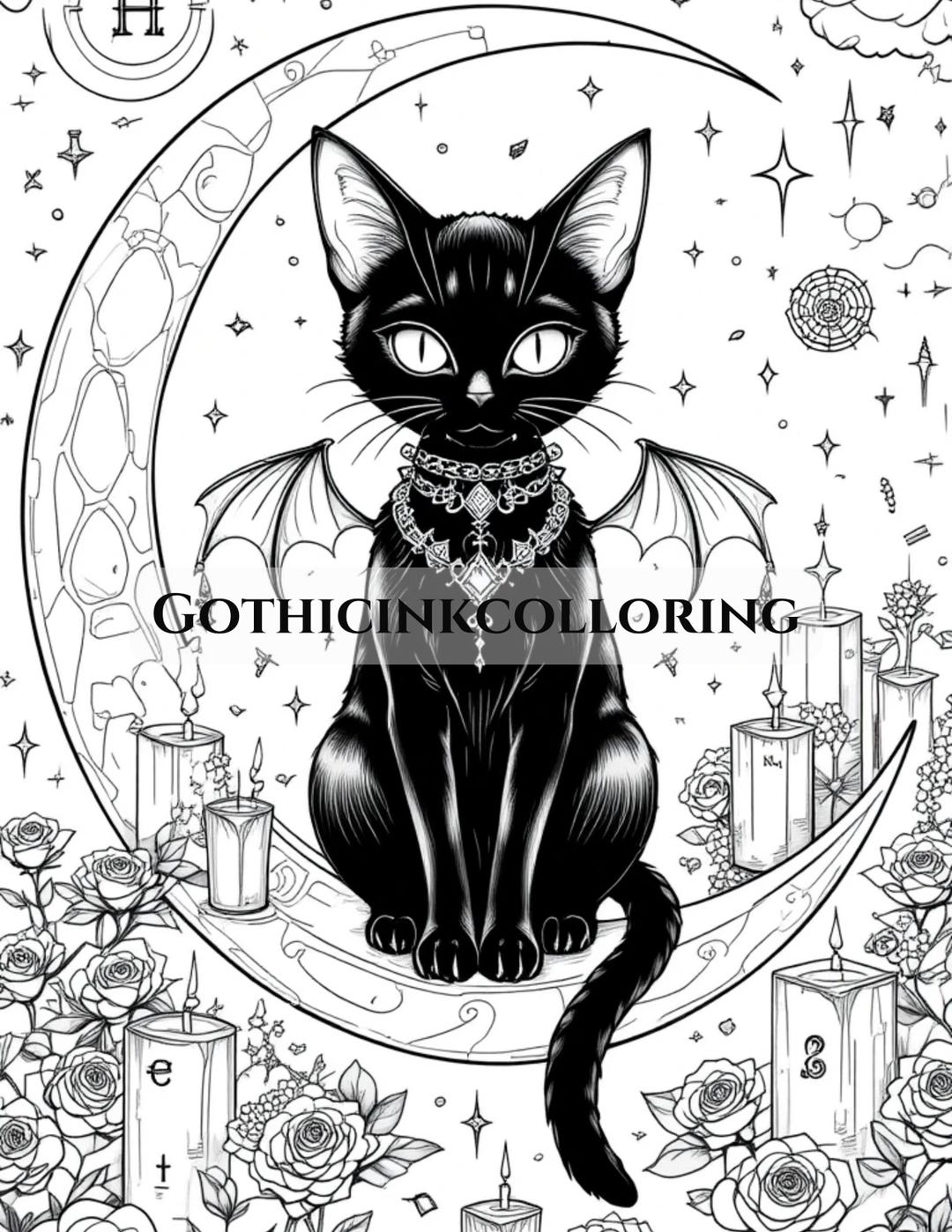 Gothic Bat-winged Cat Coloring Page | Mystical Black Cat Printable Art ...