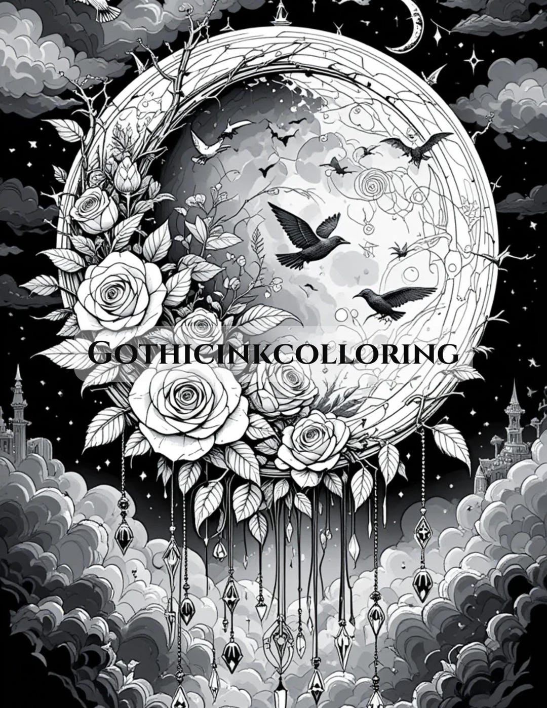 Gothic Moon & Roses Coloring Page | Celestial Fantasy Printable Art ...