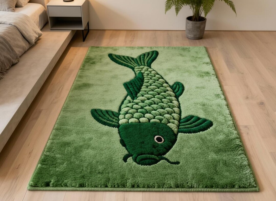 Hand Tufted Koi Fish Rug, Green Carp Area Rugs, Plush Statement Floor ...