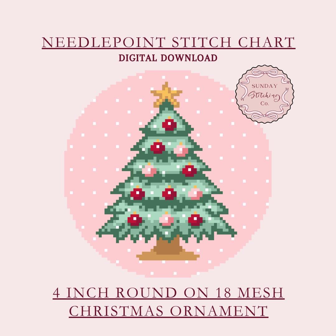 Needlepoint Round Ornament Chart - Christmas Tree, 4inch Round on 18 ...