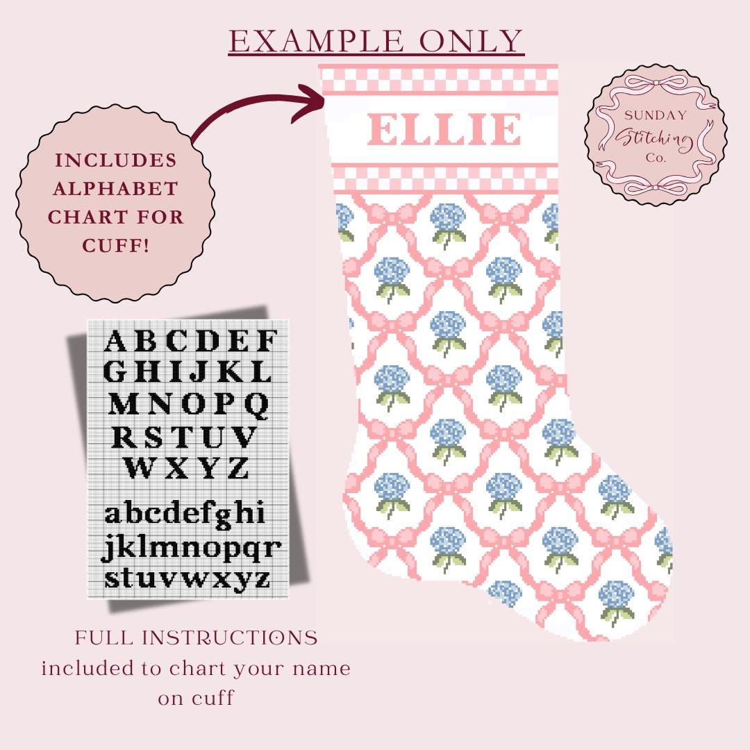 Needlepoint Christmas Stocking Chart Hydrangea Bow Trellis - Cross ...