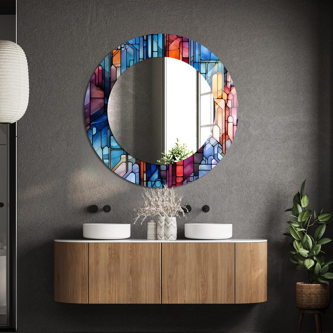 Abstract Theme Wall Mirror Decor, Round Mirror Wall Decor for Bathroom ...