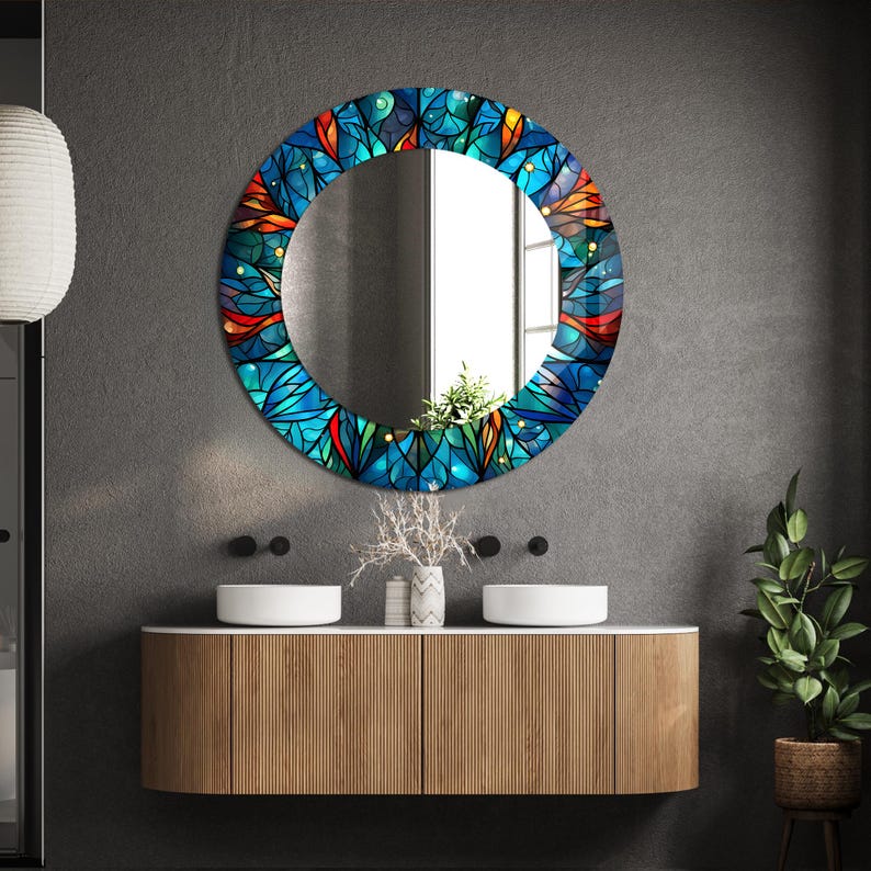 Floral Abstract Round Wall Mirror: Tempered Glass Decor - Etsy