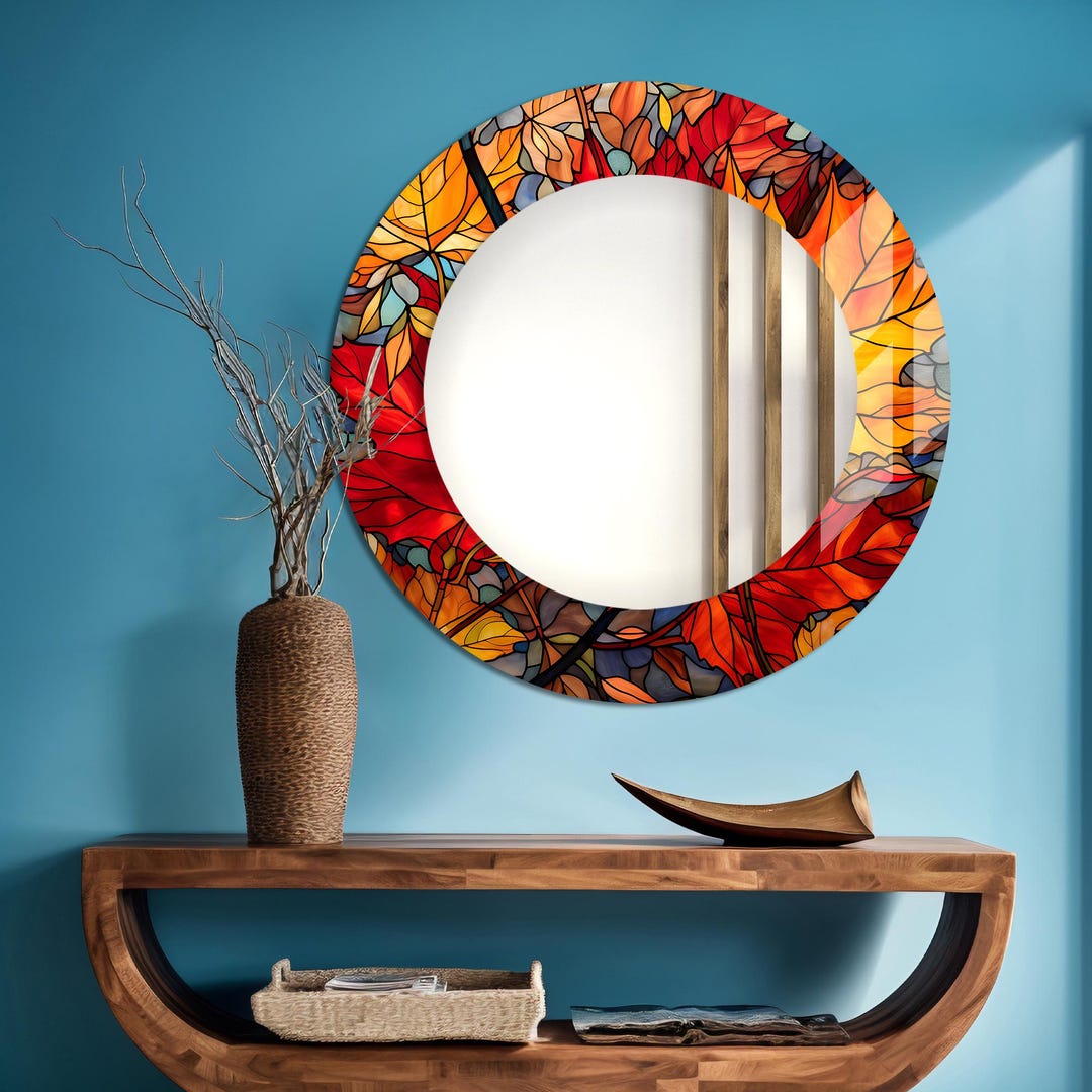 Floral Abstract Theme Wall Mirror Decor, Round Mirror Wall Decor for ...