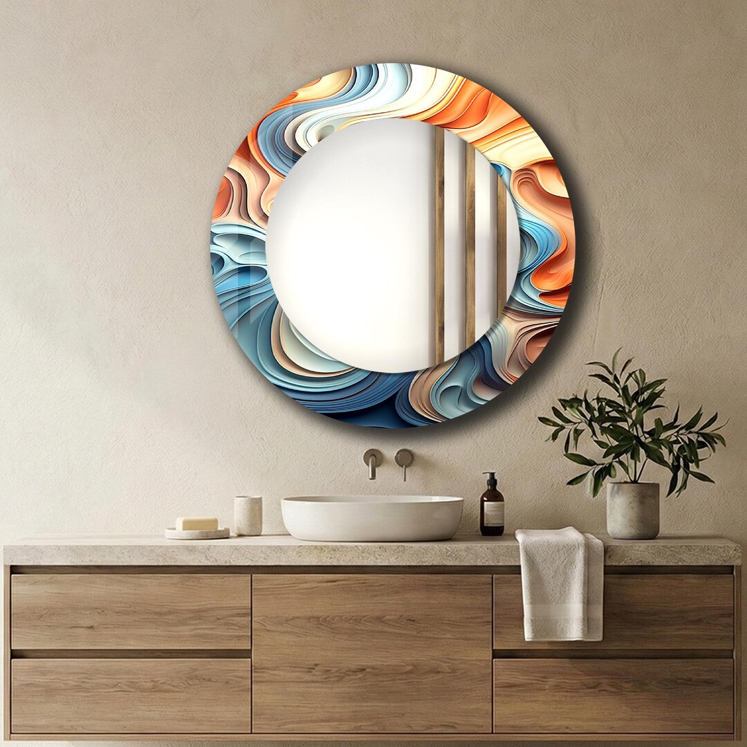 Abstract Blue & Orange Round Tempered Glass Wall Mirror: Living Room ...