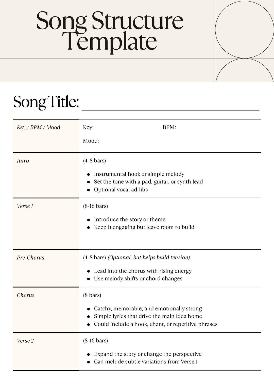 Song Structure Template - Etsy