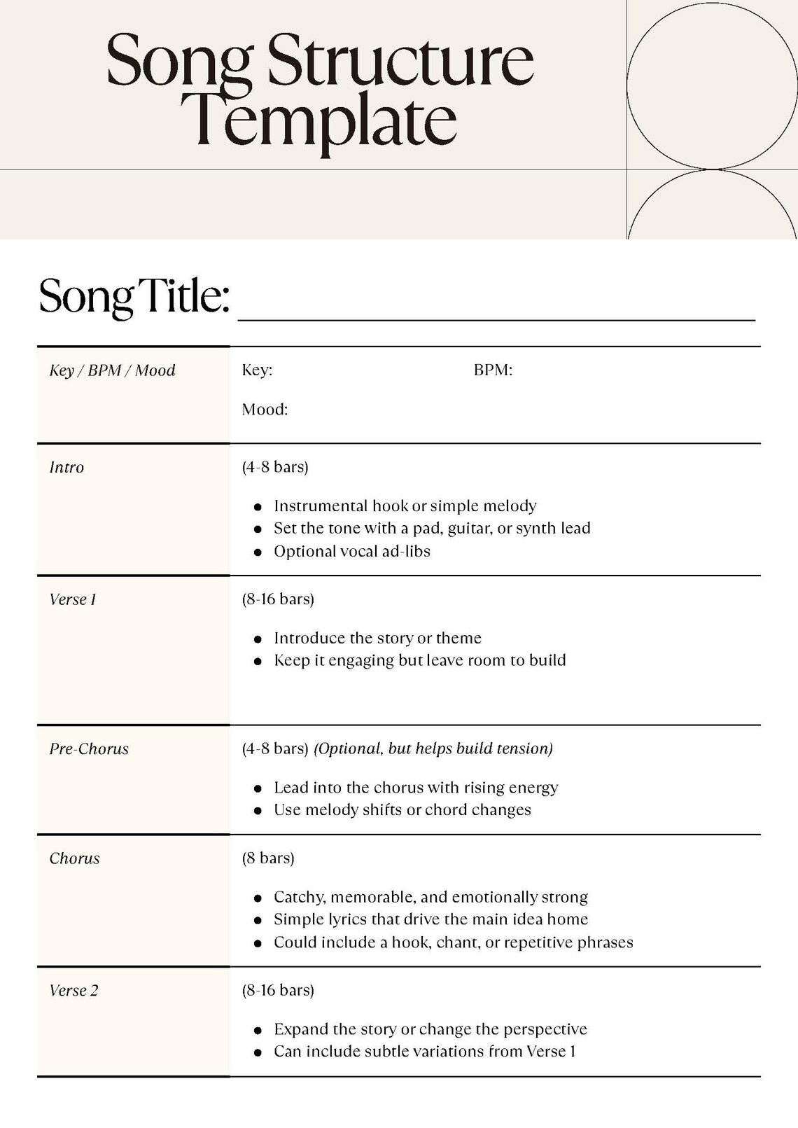 Song Structure Template - Etsy