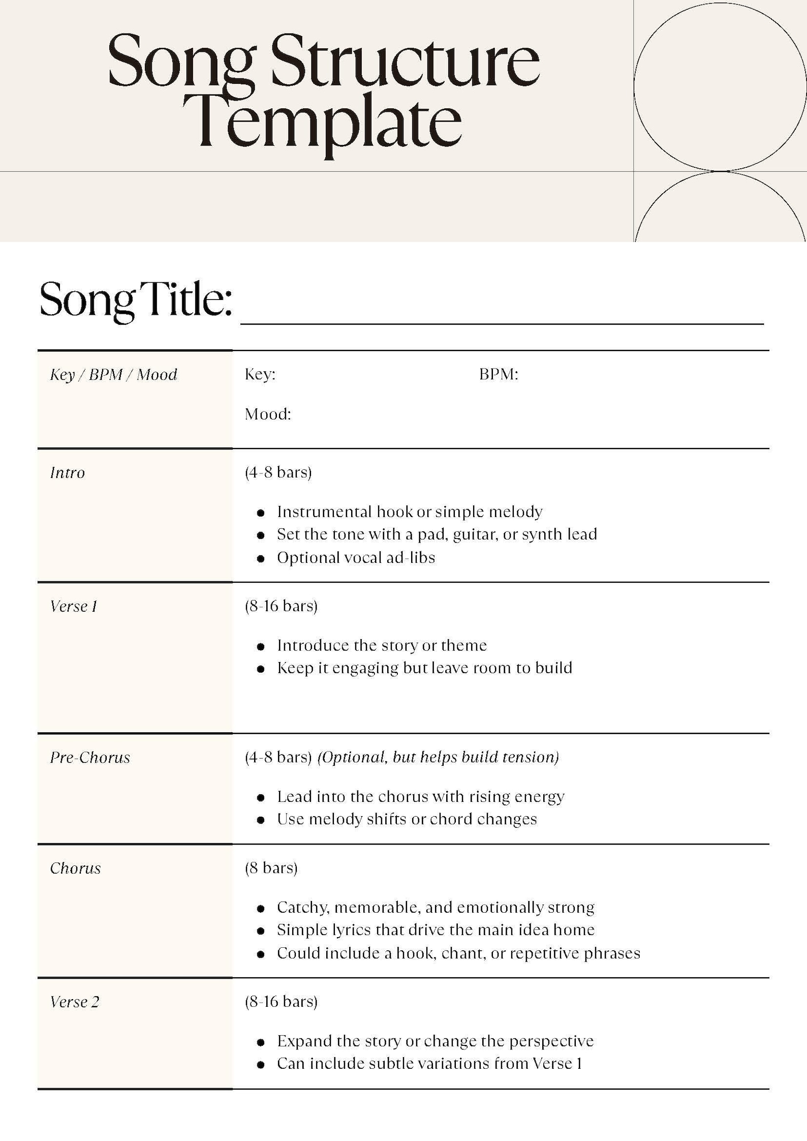 Song Structure Template - Etsy