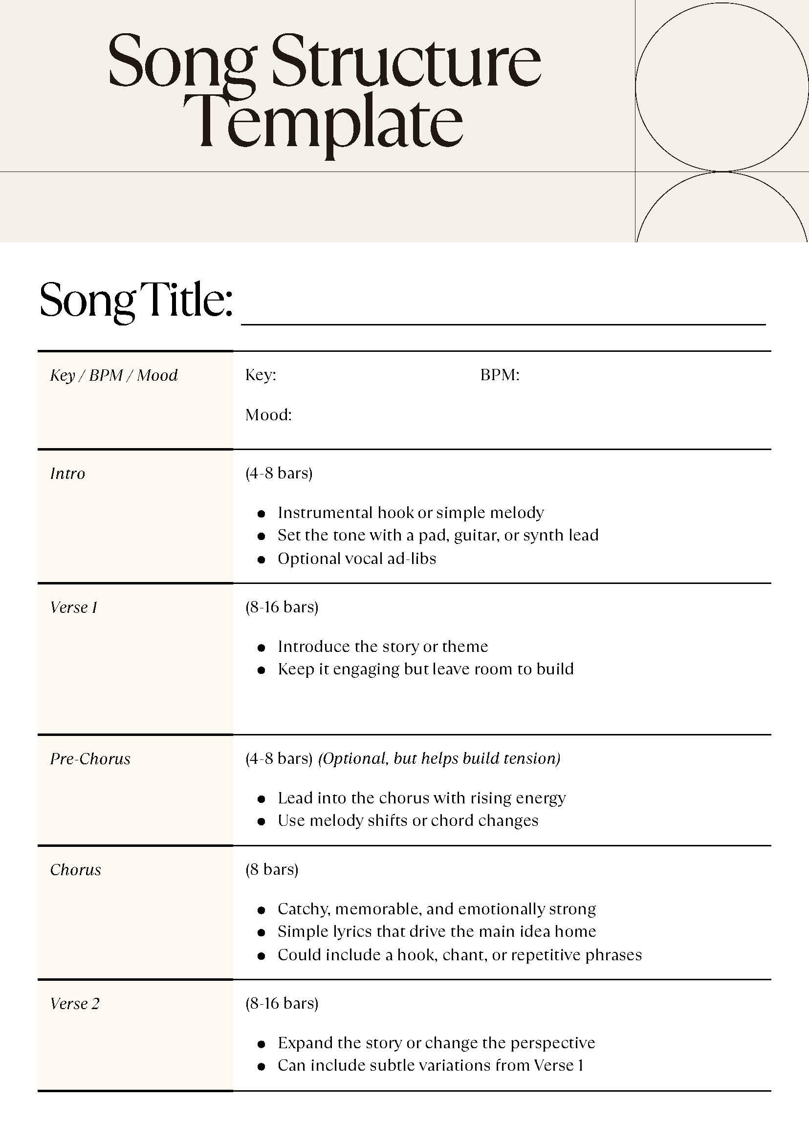 Song Structure Template - Etsy