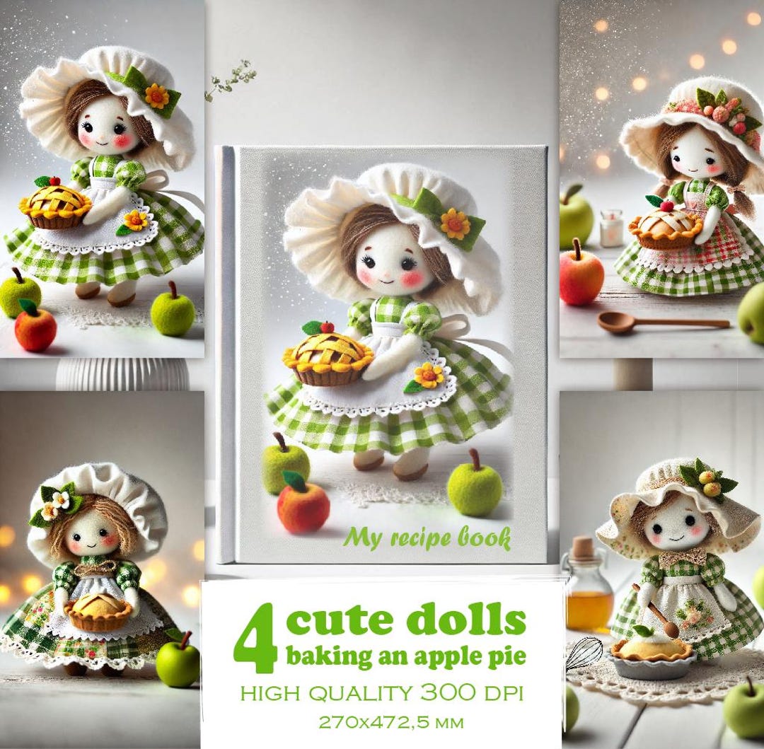 4 Illustrations of an Adorable Felt Dolls Baking Apple Pie | Vintage ...