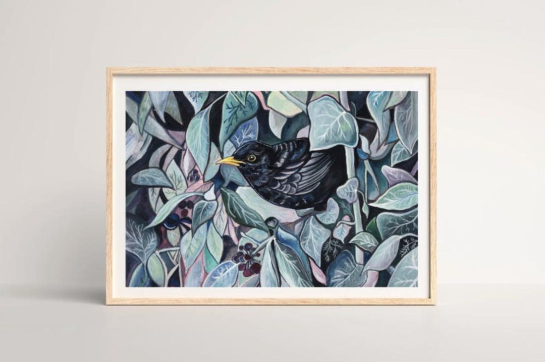 Skulking Blackbird Art Print – Blue Leaf Illustration, Painted Bird ...