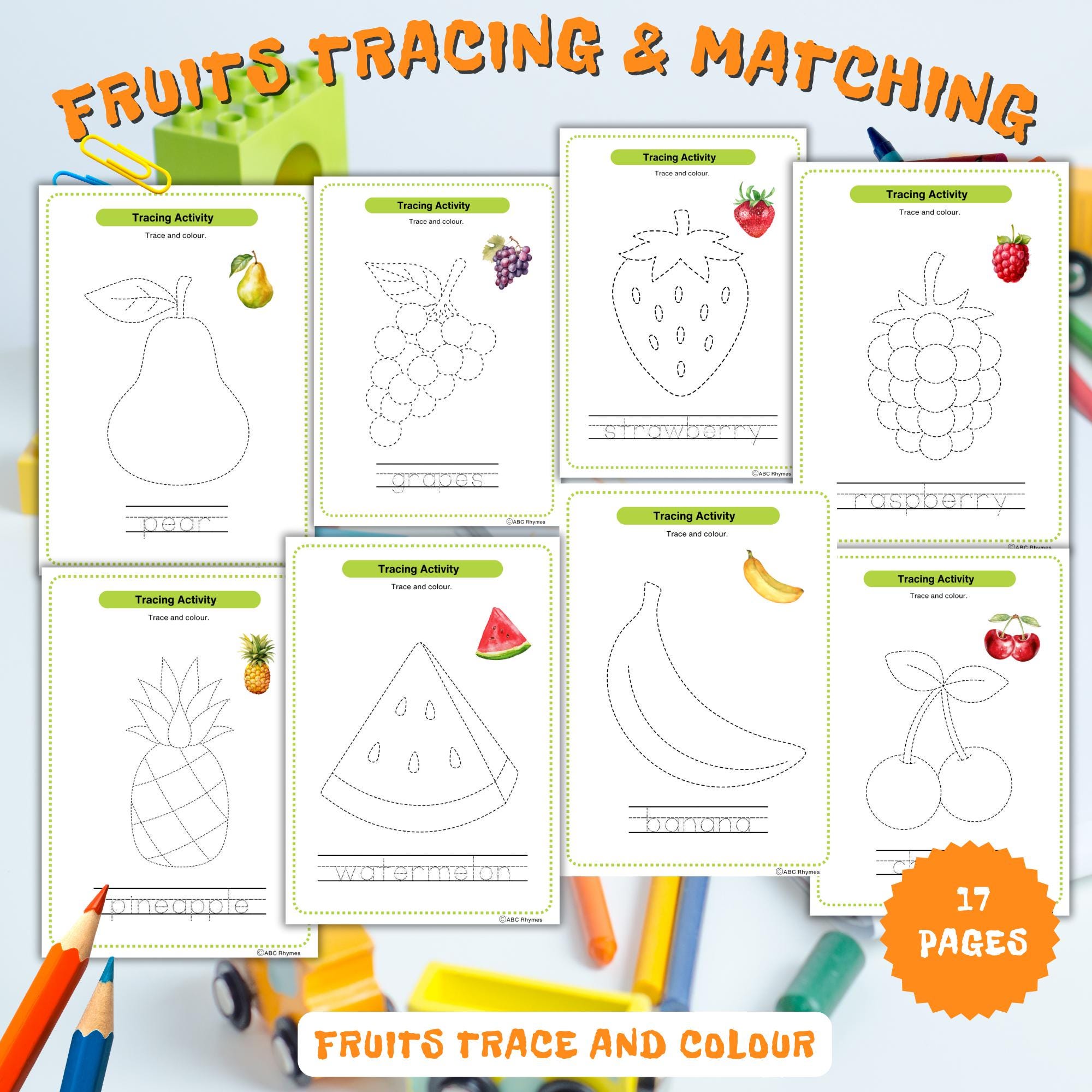 Digital Fruits Tracing Worksheets, Printable Kindergarten Berries Trace ...