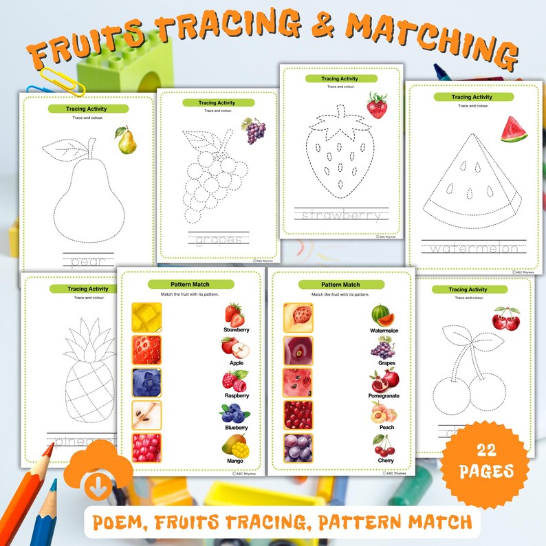 Digital Fruits Tracing Worksheets, Printable Kindergarten Berries Trace ...