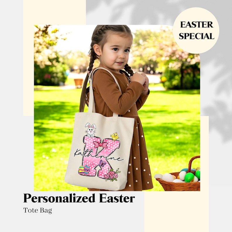 Personalized Easter Tote Bag, Initial Letter Design, Easter Egg Hunt, Spring Decor, Kids Gift ...