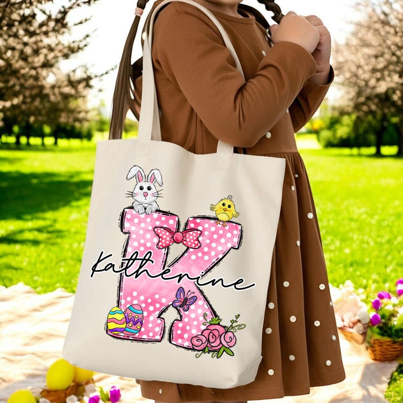 Personalized Easter Tote Bag, Initial Letter Design, Easter Egg Hunt, Spring Decor, Kids Gift ...