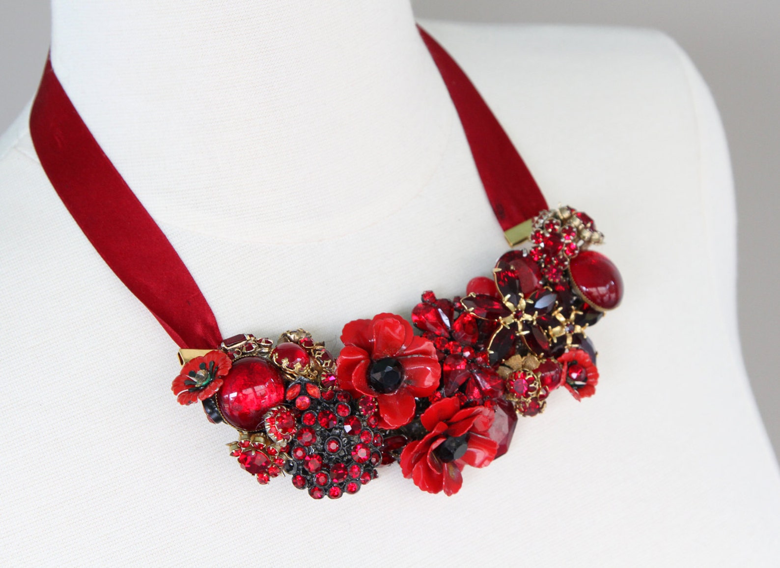 Ravenous Red Statement Necklace Made From Vintage Rhinestone Jewelry - Etsy