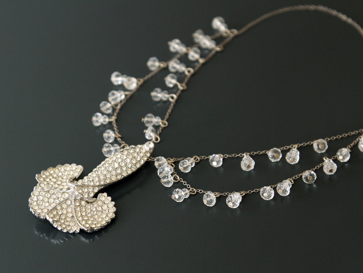 Dangling Sparkles Vintage Rhinestone Necklace. Art Deco Trumpet Flower ...