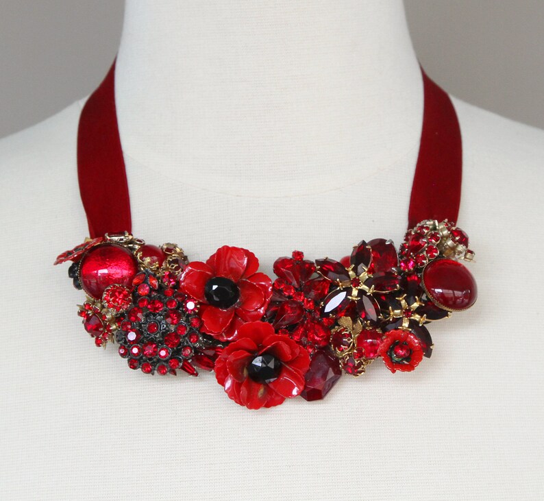 Ravenous Red Statement Necklace Made From Vintage Rhinestone Jewelry - Etsy