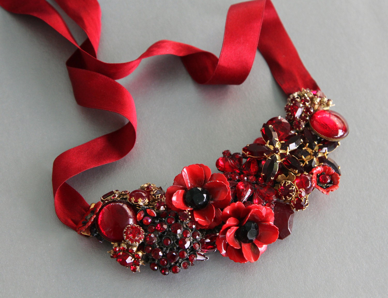 Ravenous Red Statement Necklace Made From Vintage Rhinestone Jewelry - Etsy