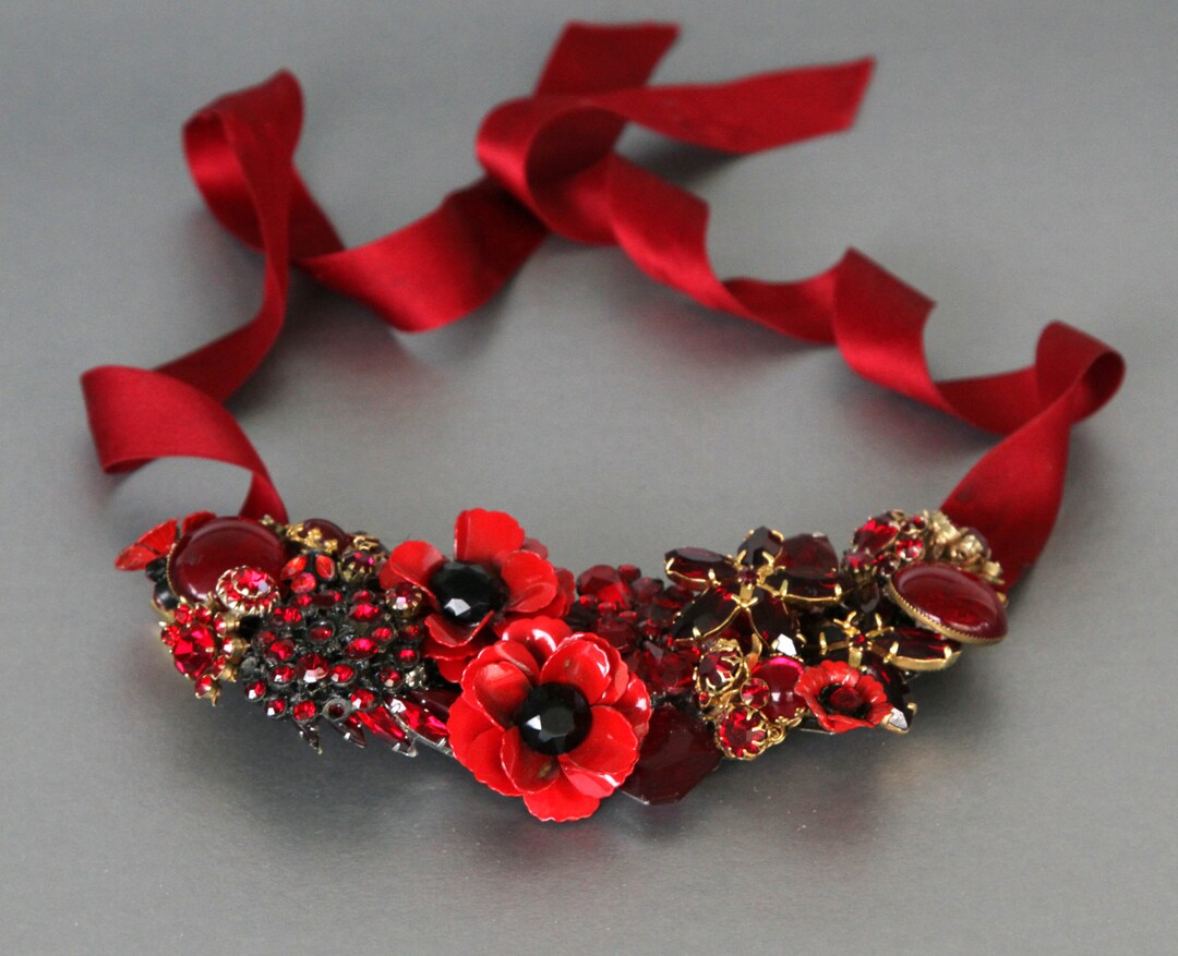 Ravenous Red Statement Necklace Made From Vintage Rhinestone Jewelry - Etsy