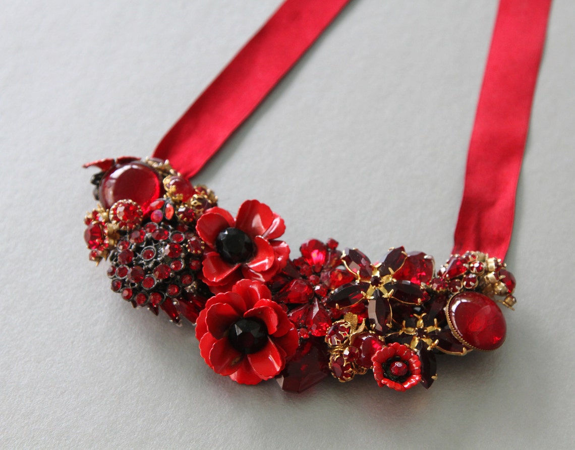 Ravenous Red Statement Necklace Made From Vintage Rhinestone Jewelry - Etsy